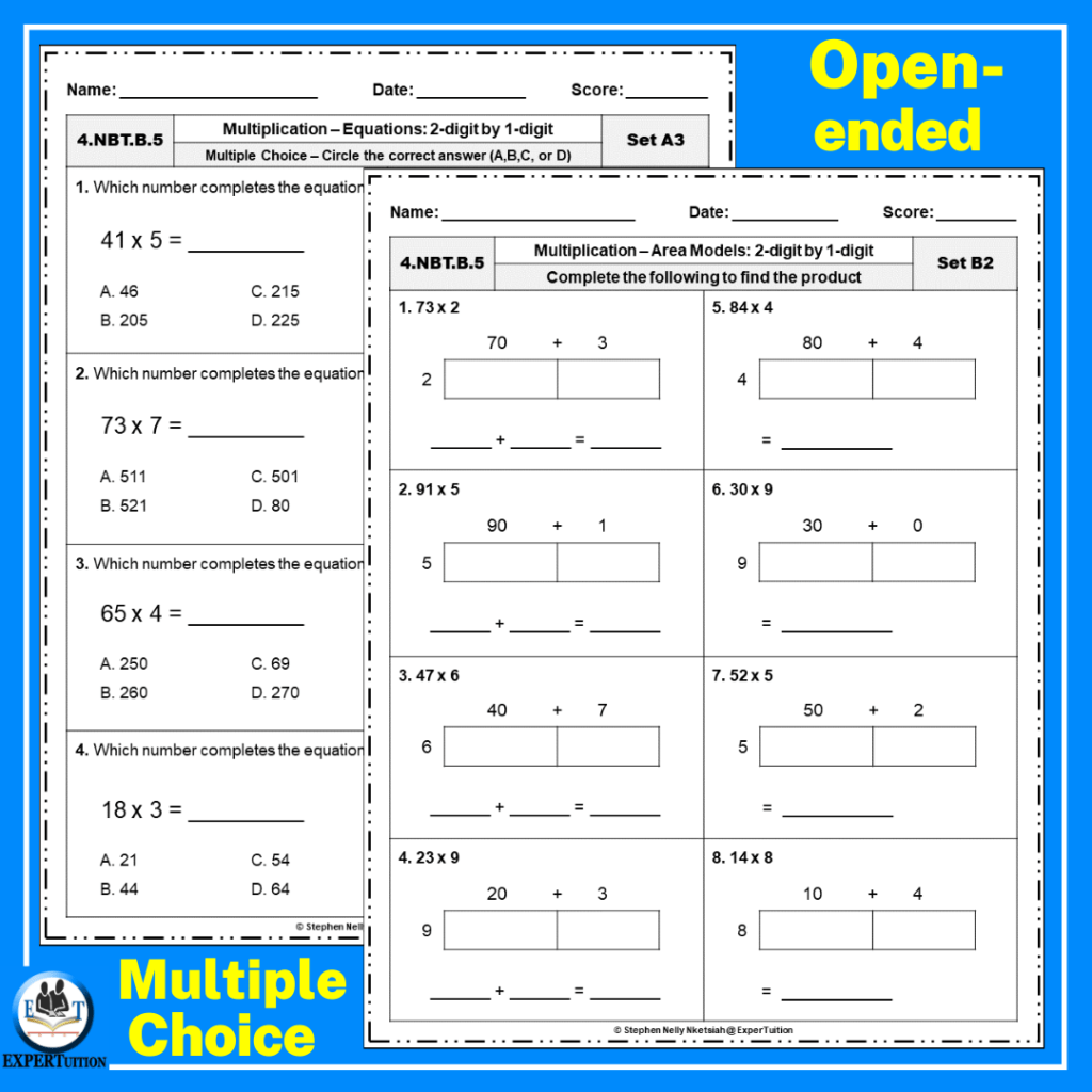 2 Digit by 1 Digit Multiplication Assessment Worksheets - ExperTuition