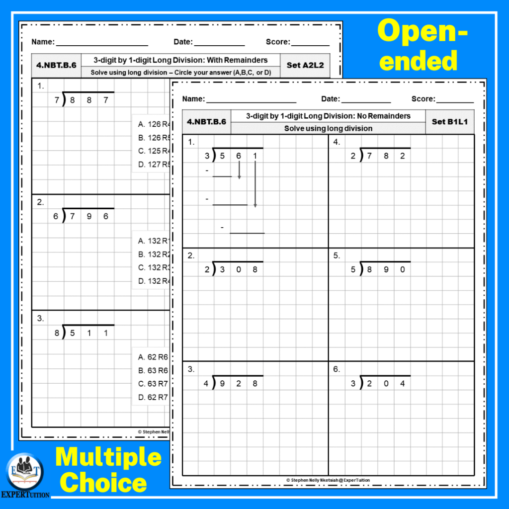 3 Digit by 1 Digit Long Division Grade 4 Worksheets - ExperTuition