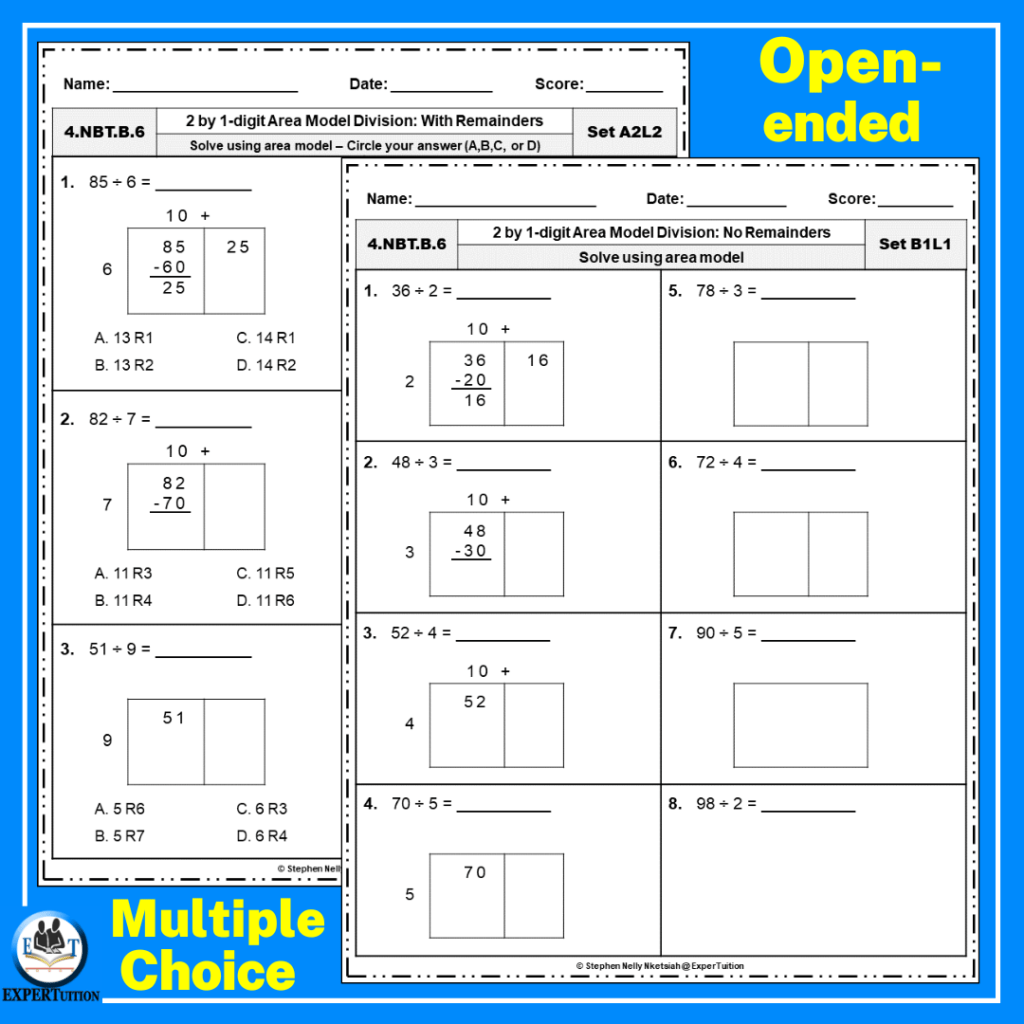 2 Digit by 1 Digit Area Model Division Grade 4 Worksheets - ExperTuition