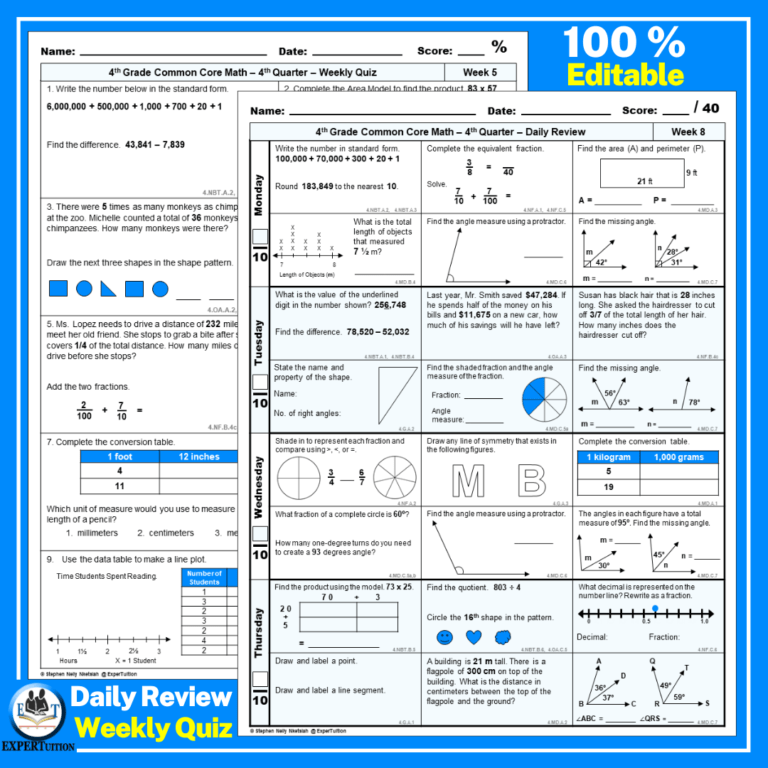 4th Grade Math Spiral Review Worksheets - Full Year - ExperTuition