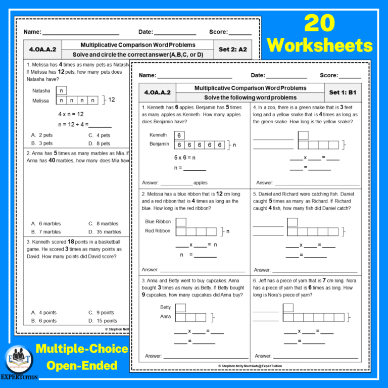 Multiplicative Comparison Problems Worksheets & Task Cards - ExperTuition