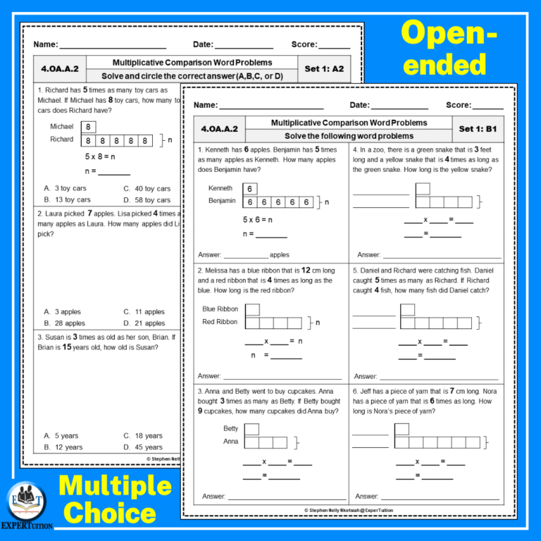 Multiplicative Comparison Word Problems Worksheets – Set 1 - ExperTuition