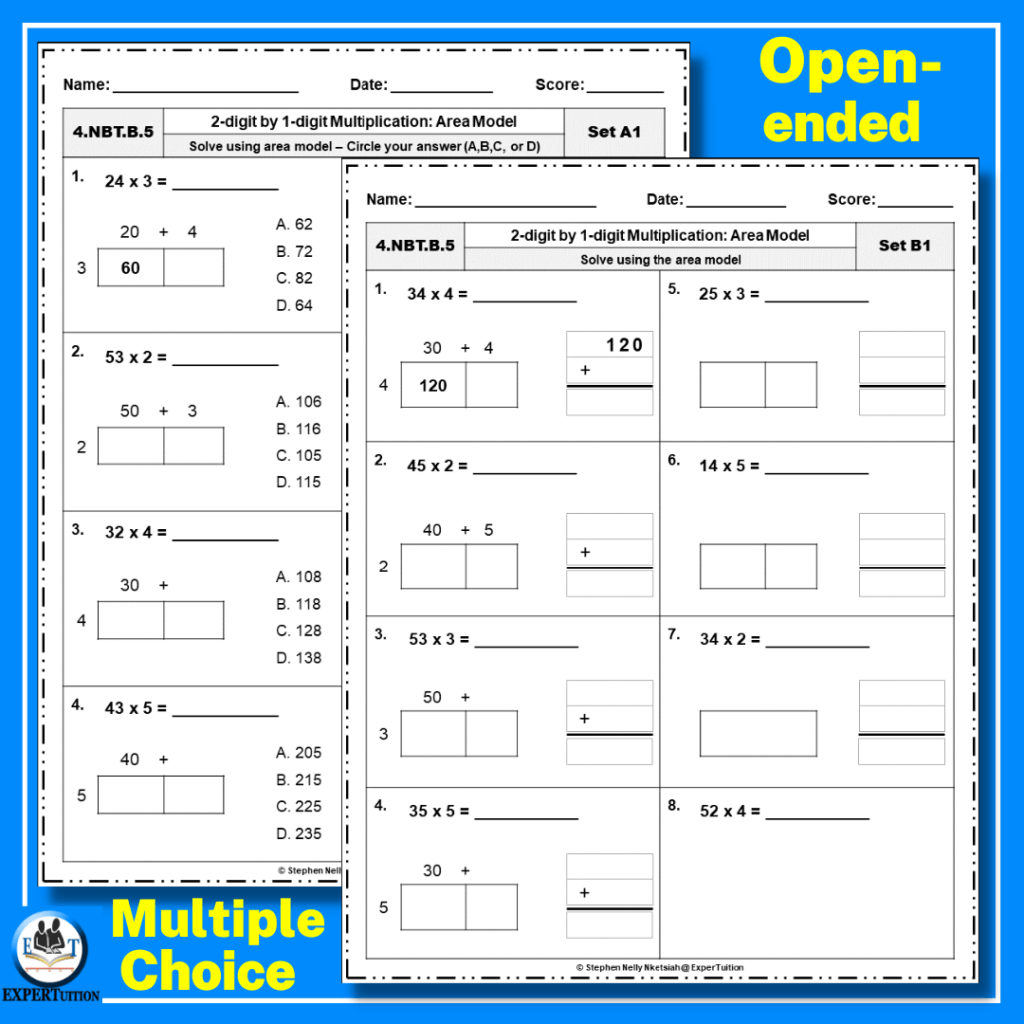 2 Digit by 1 Digit Area Model Multiplication Worksheets - ExperTuition