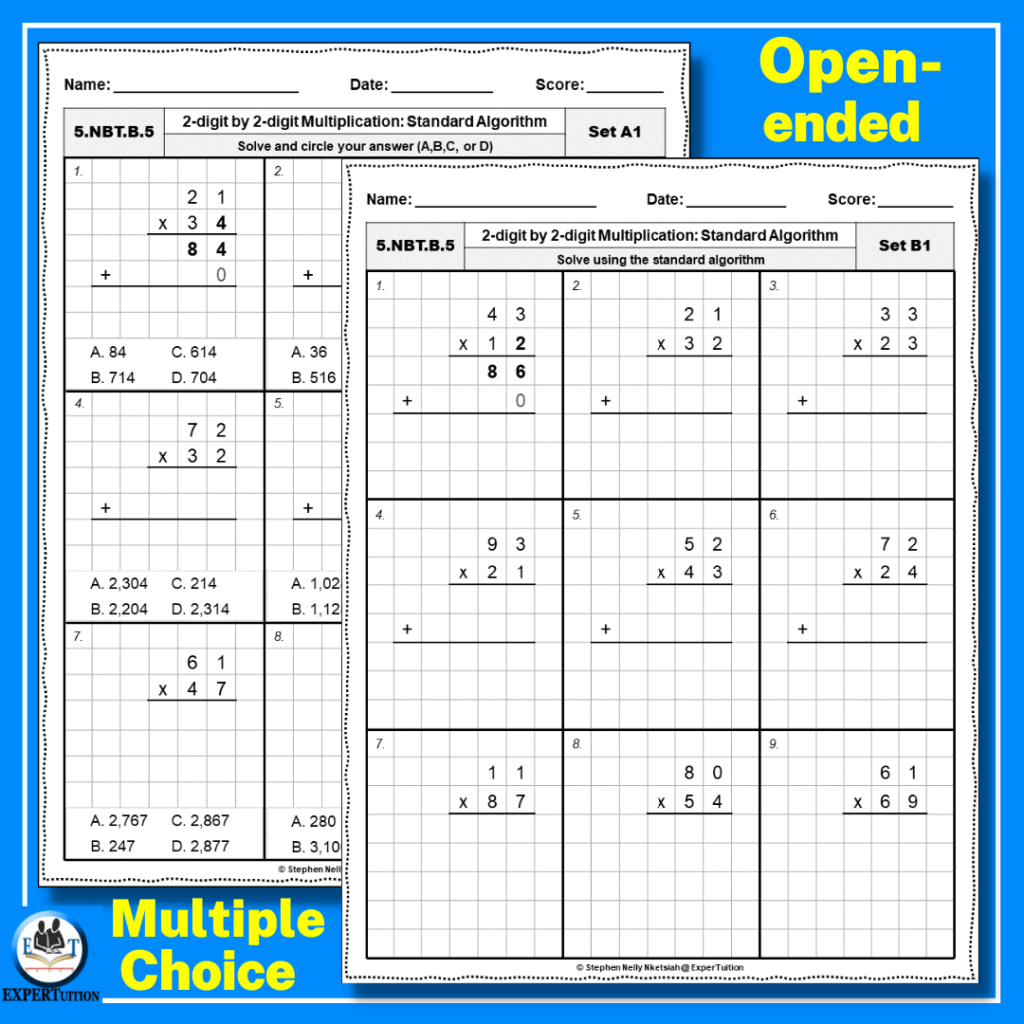 2 Digit by 2 Digit Standard Algorithm Multiplication Worksheets ...