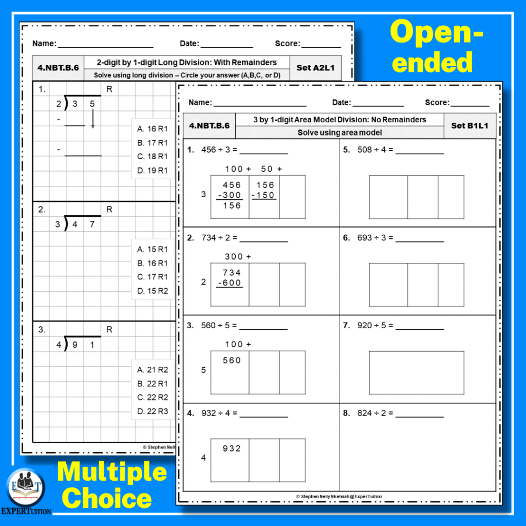 Division Strategies for Grade 4 & Grade 5 Worksheets: 1 & 2 Digit ...