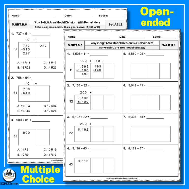 2 Digit Divisors Area Model Division for Grade 5 Worksheets Bundle ...