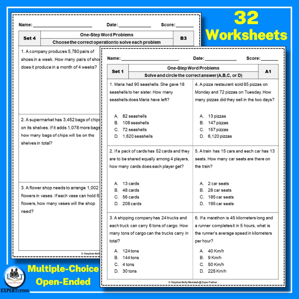 One Step Word Problem Worksheets & Task Cards Bundle - ExperTuition