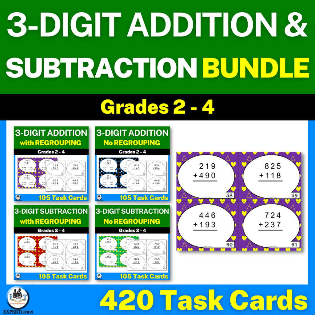 3-Digit Addition & Subtraction With & Without Regrouping Task Cards ...