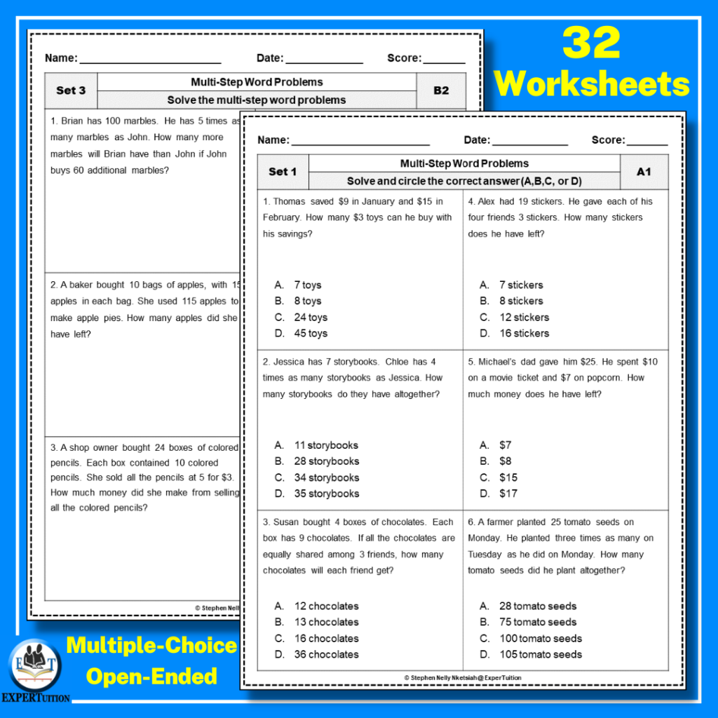 Multi-Step Word Problems Worksheets & Task Cards Bundle - ExperTuition
