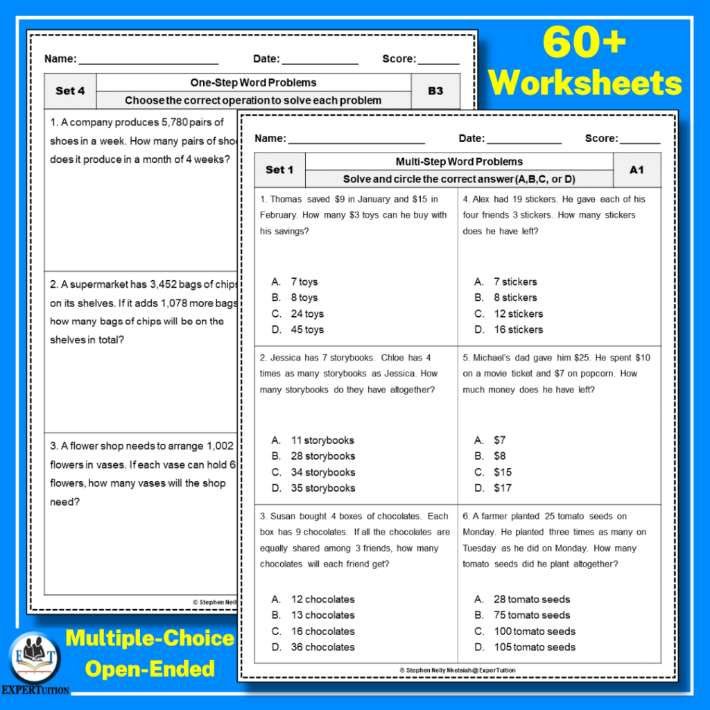 One-Step & Multi-Step Word Problems Worksheets & Task Cards Bundle ...