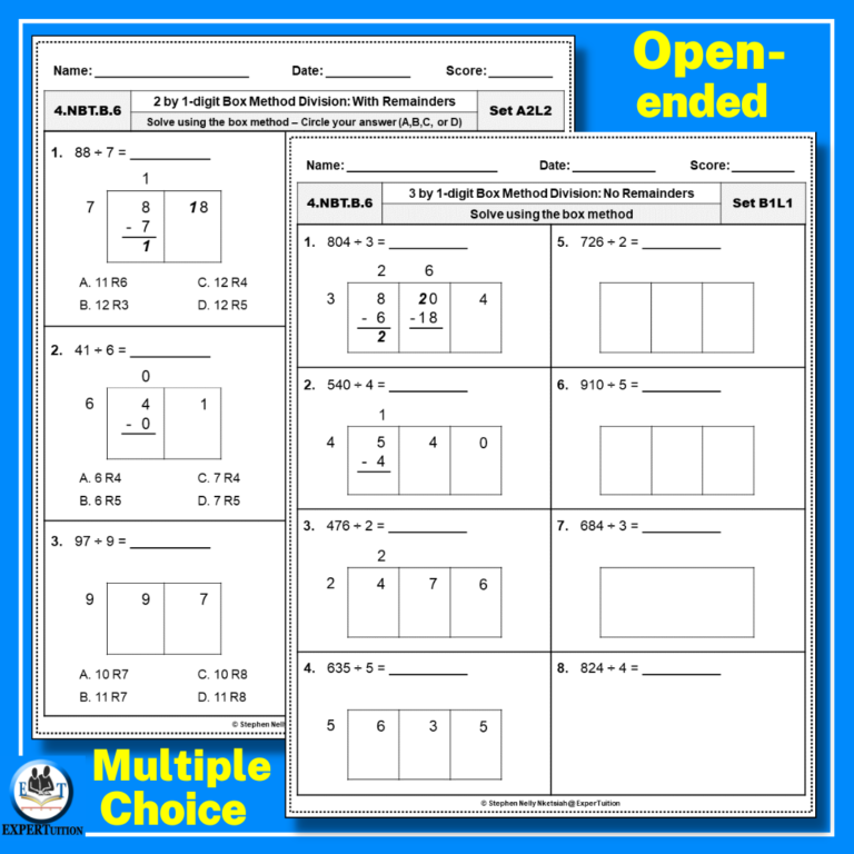 Box Method Division Worksheets for 4th Grade Bundle - ExperTuition