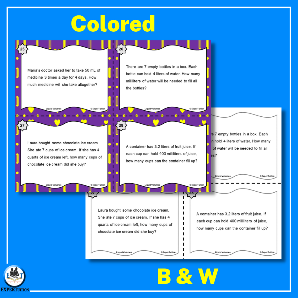 Measurement Word Problems Task Cards - Liquid Volumes - ExperTuition