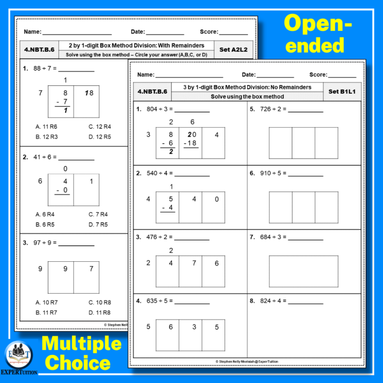 Box Method Division Worksheets for 4th and 5th Grade Bundle - ExperTuition
