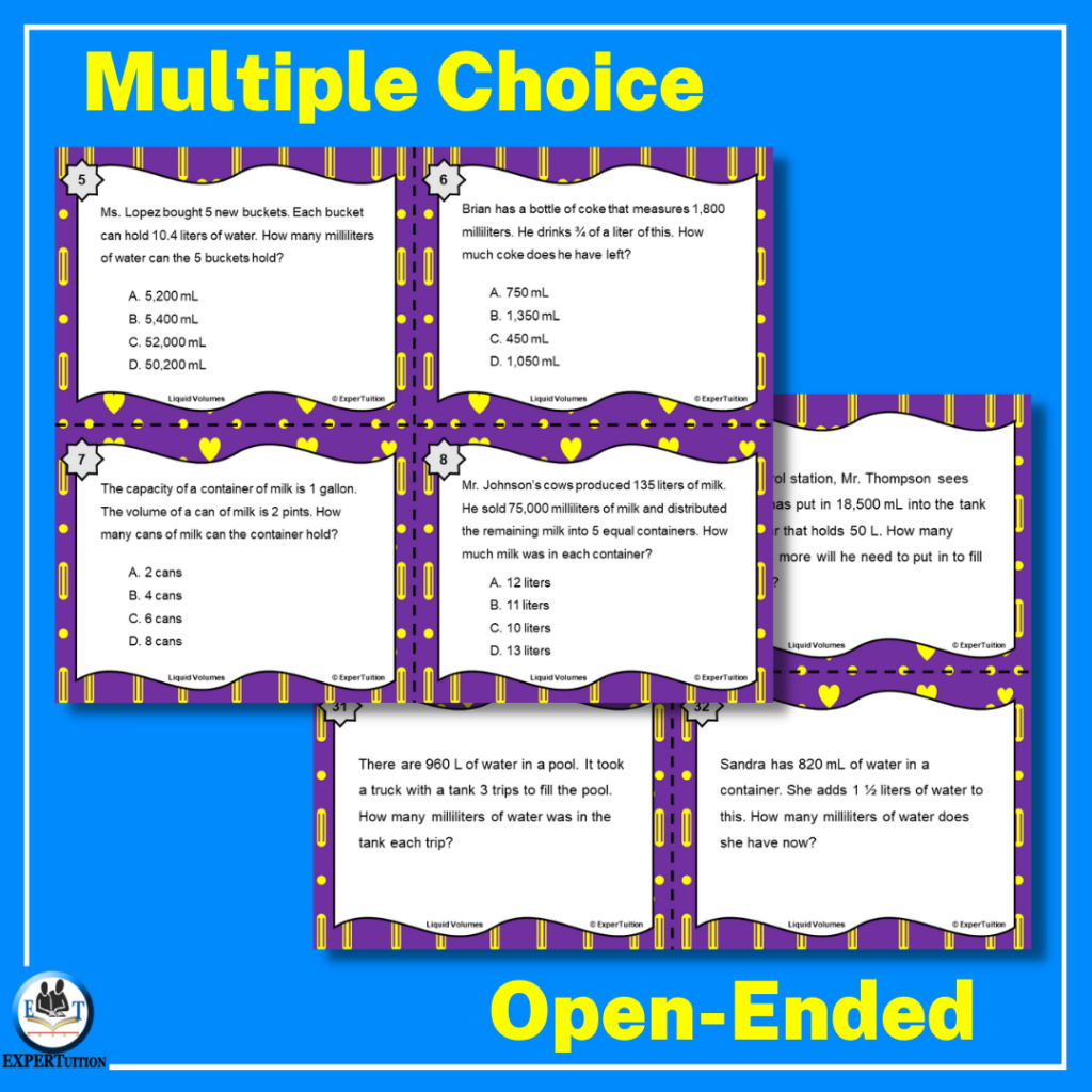 Measurement Word Problems Task Cards - Liquid Volumes - ExperTuition