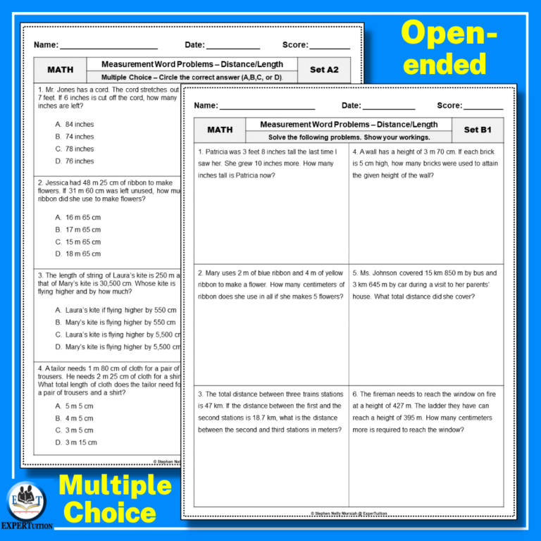 Measurement Word Problems Worksheets - Distance/Length - ExperTuition