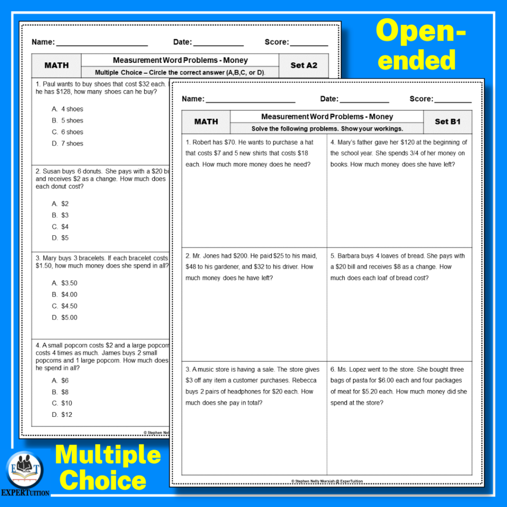 Measurement Word Problems Worksheets - Money - ExperTuition