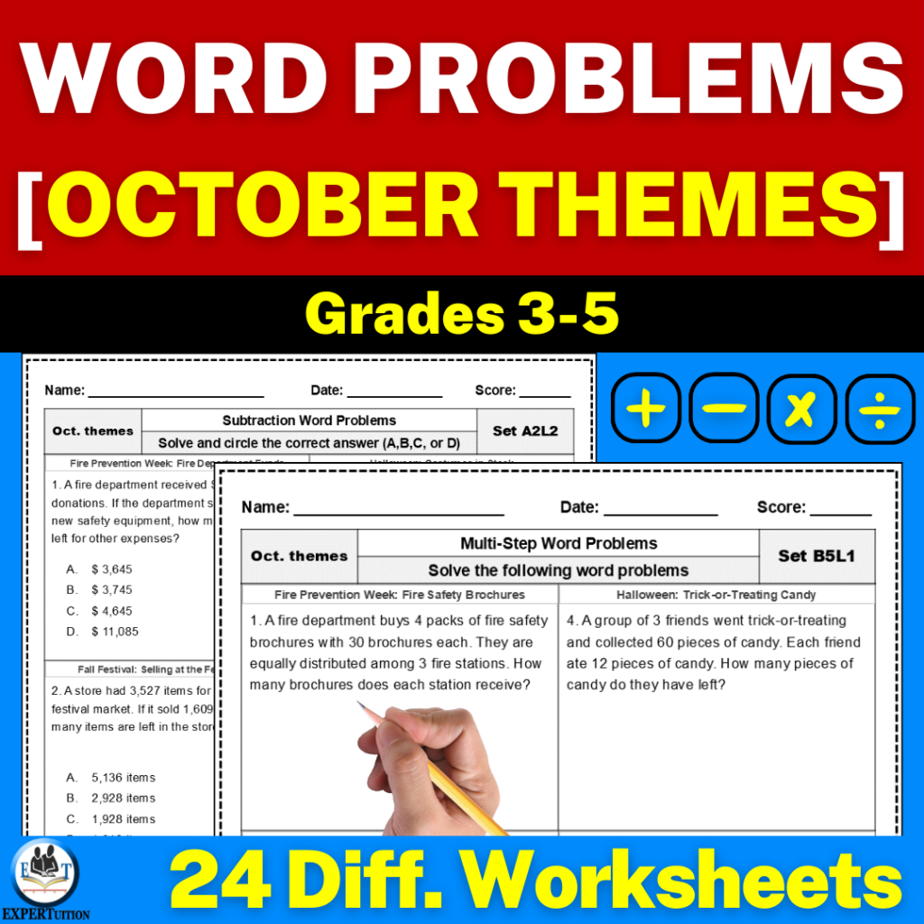 Word Problems with October Themes: 3rd 4th 5th Worksheets - ExperTuition