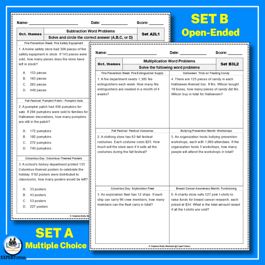 Word Problems with October Themes: 3rd 4th 5th Worksheets - ExperTuition