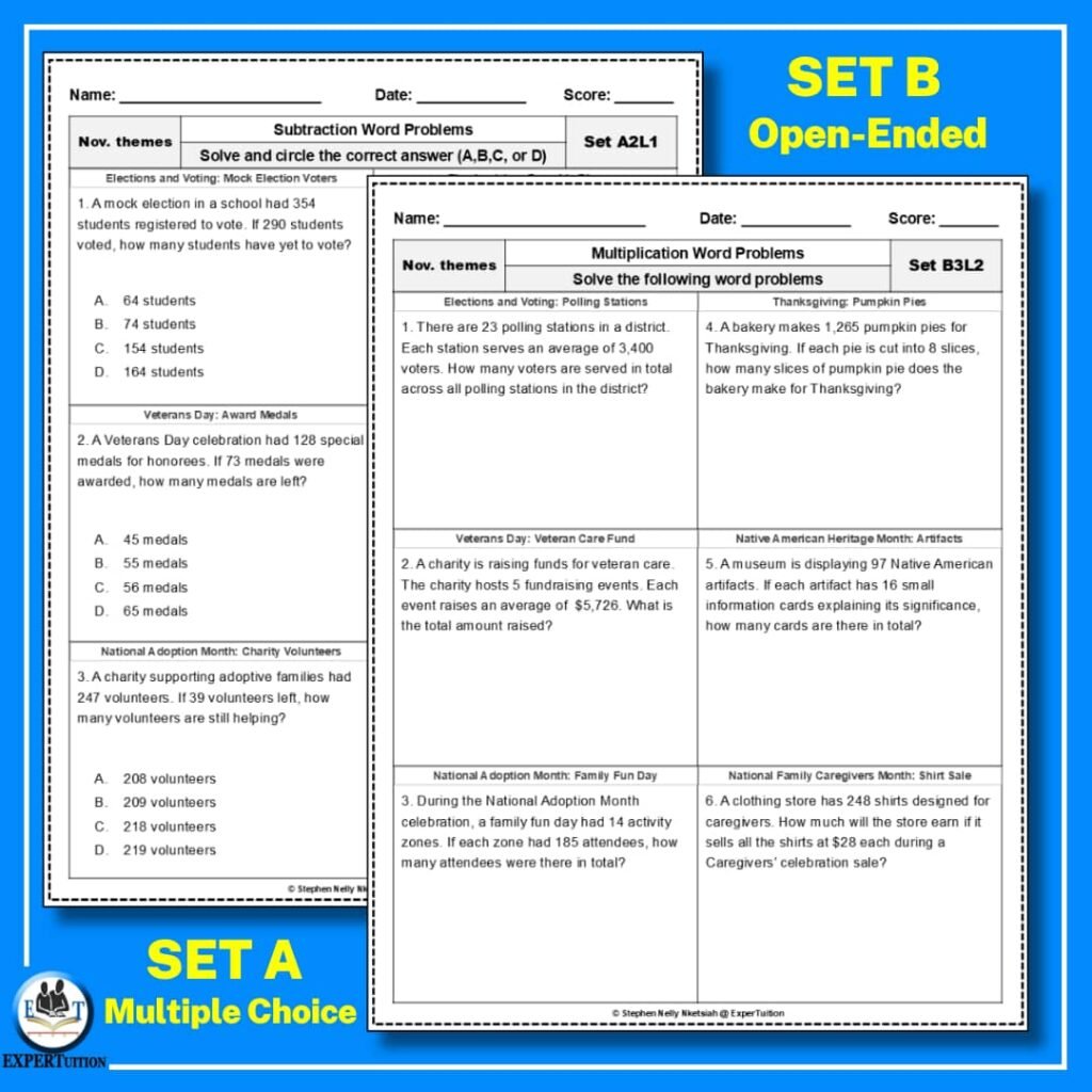 Word Problems with November Themes: 3rd 4th 5th Worksheets - ExperTuition