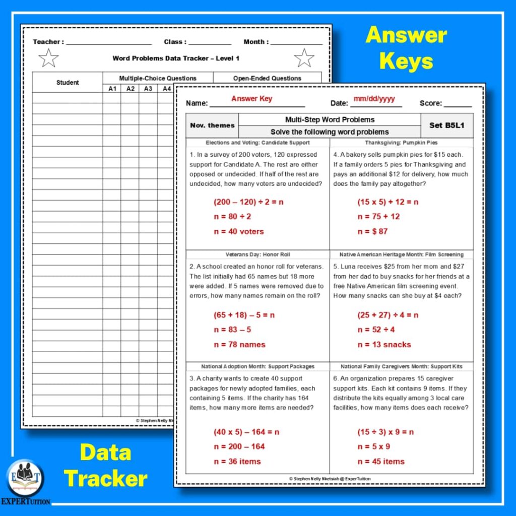 Word Problems with November Themes: 3rd 4th 5th Worksheets - ExperTuition