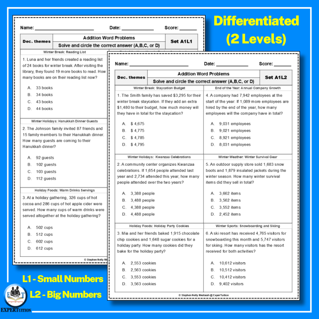 One & Multi Step Word Problems Worksheets - December Themes - ExperTuition