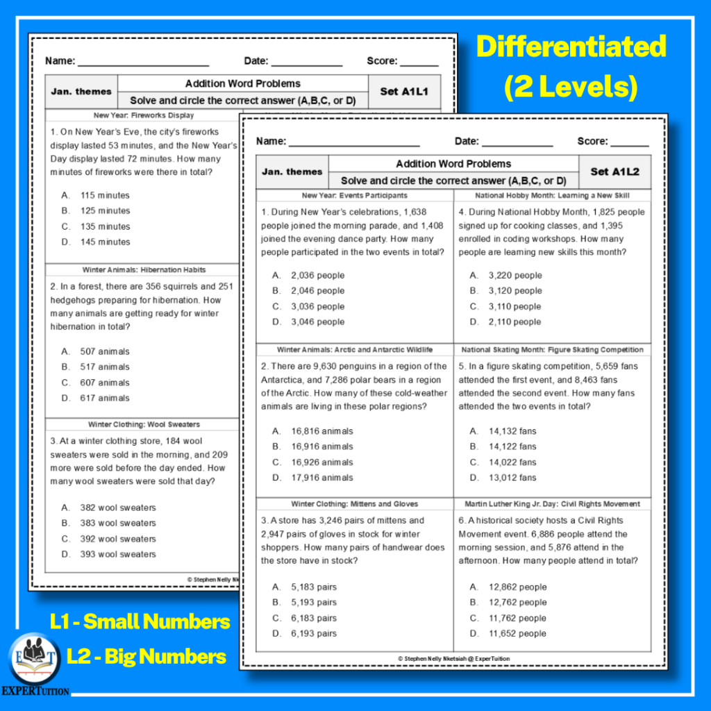 One & Multi Step Word Problems Worksheets - January Themes - ExperTuition
