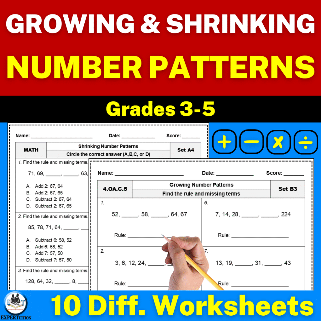 Growing & Shrinking Number Patterns Worksheets 3rd, 4th, 5th grades ...
