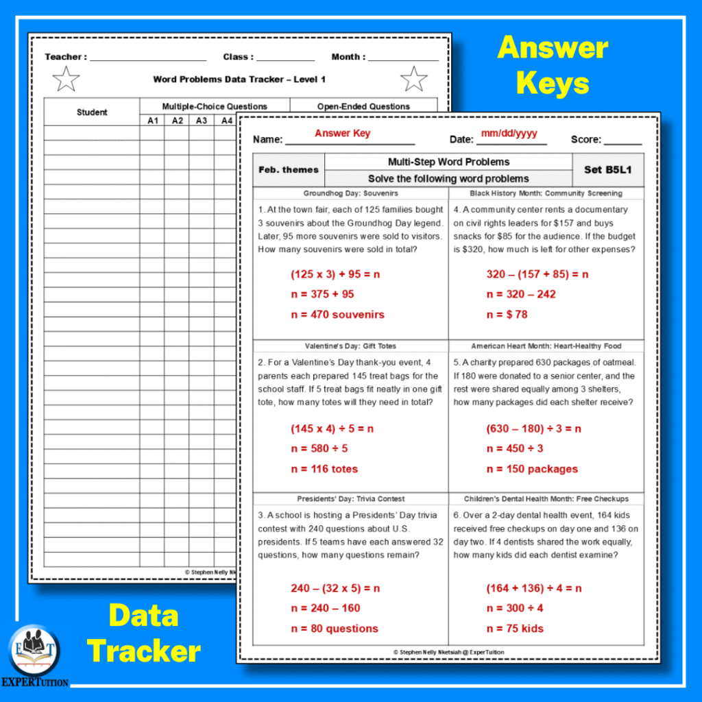 One & Multi Step Word Problems Worksheets - February Themes - ExperTuition