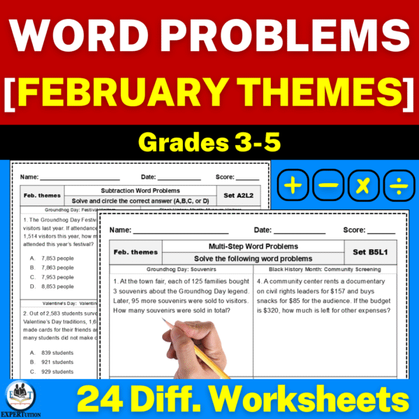 One & Multi Step Word Problems Worksheets - February Themes - ExperTuition
